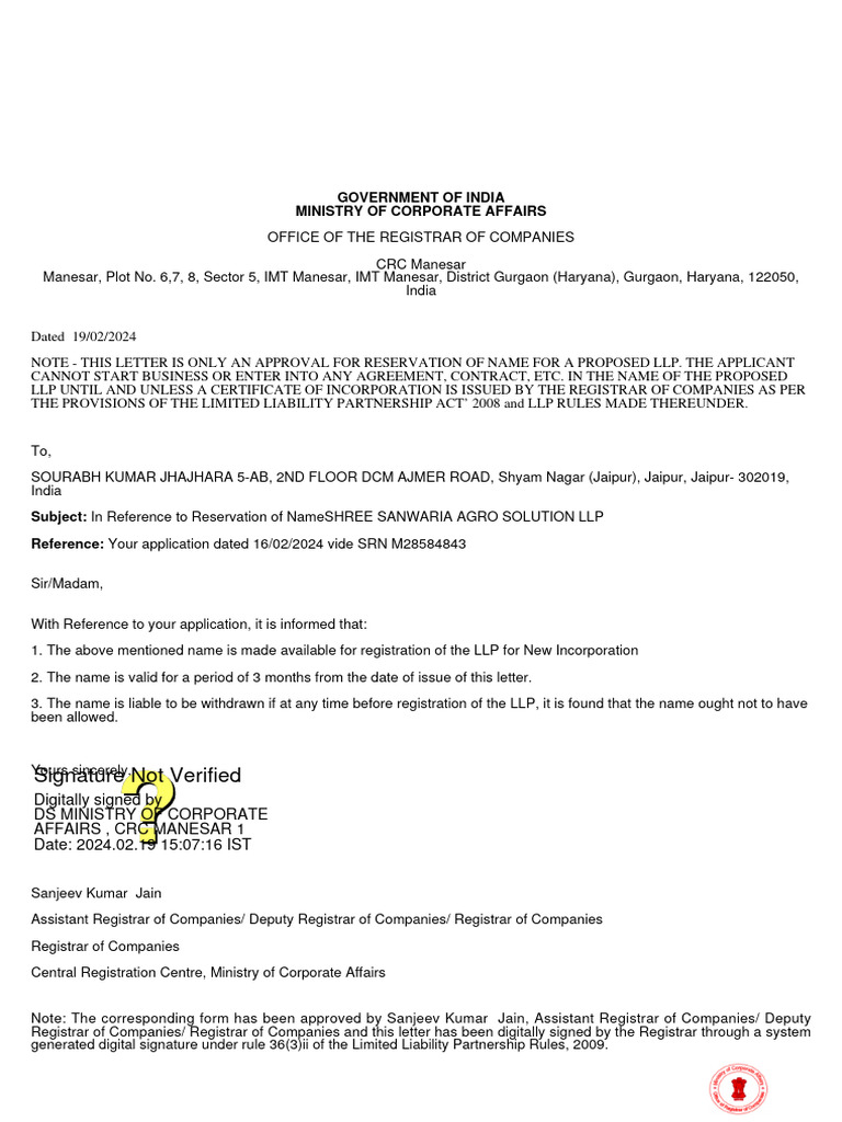 RUN LLP Name Approval Letter 19 Feb 2024 PDF | PDF