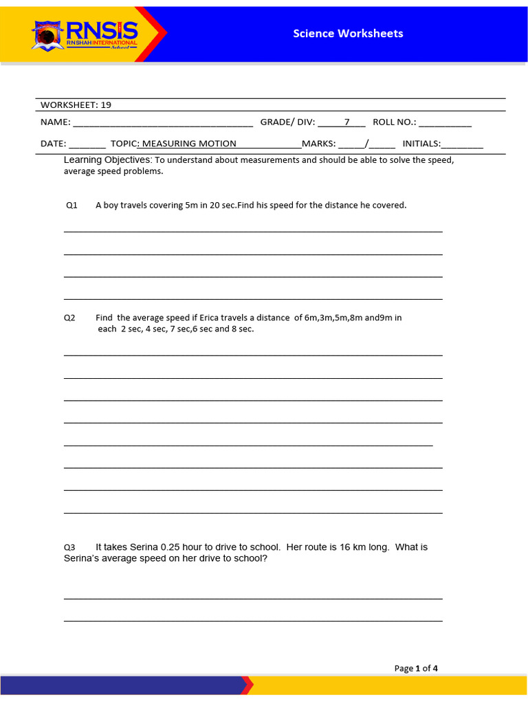 Grade 7 Motion Measurement Worksheets | PDF | Speed