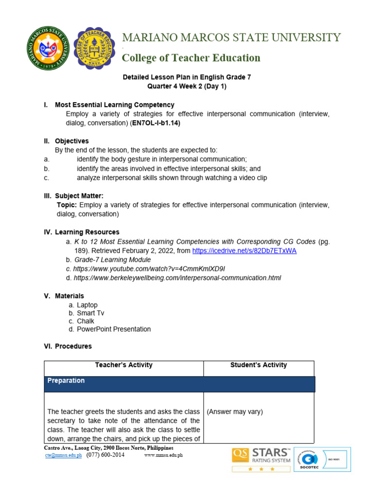 GRADE 7 Quarter 4 Week 2 Day 1 Detailed | PDF | Nonverbal Communication ...
