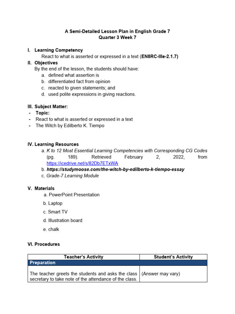 Semi Detailed Lesson Plan in English 7 | PDF | Learning | Lesson Plan