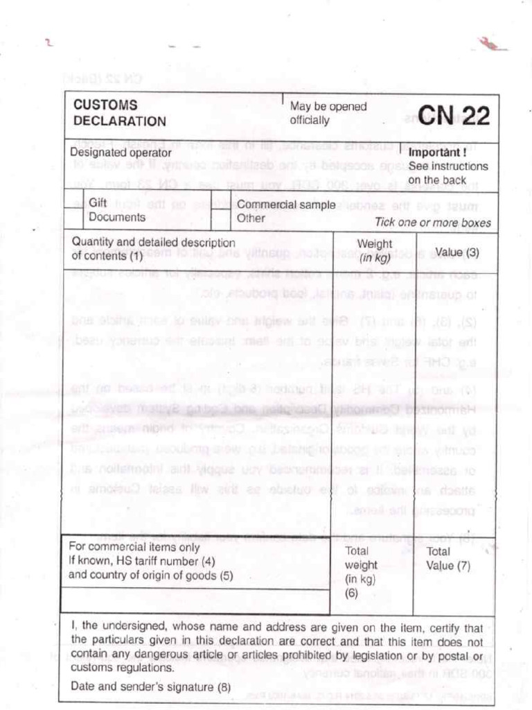CN2 Foregign Parcel Declaration Form | PDF