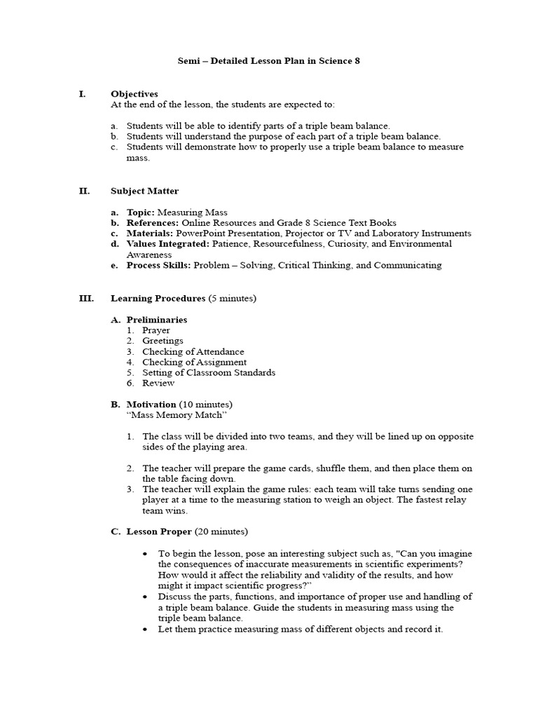 Measuring Mass Lesson Plan in Science 8 MAED | Download Free PDF ...