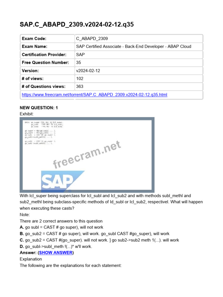 SAP.C ABAPD 2309.v2024-02-12.q35 | PDF | Inheritance (Object Oriented Programming) | Programming