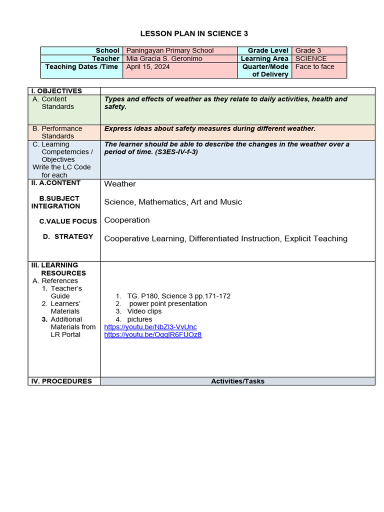 Mia Lesson Plan | PDF | Rain | Cloud