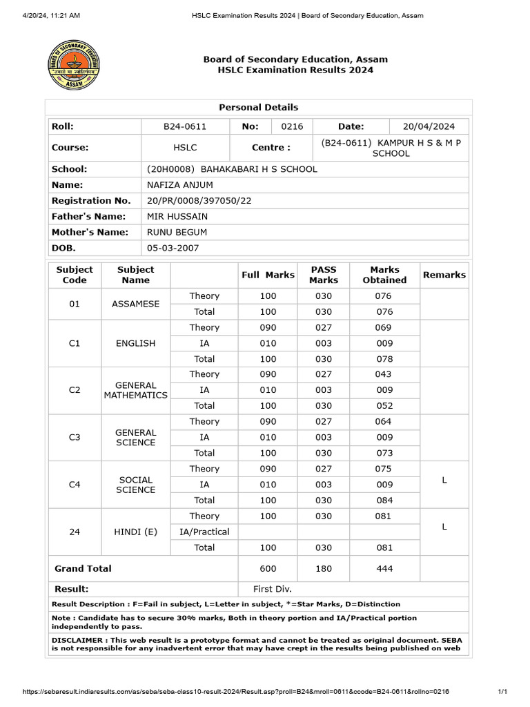 HSLC Result 2024 - Assam Marksheet | PDF