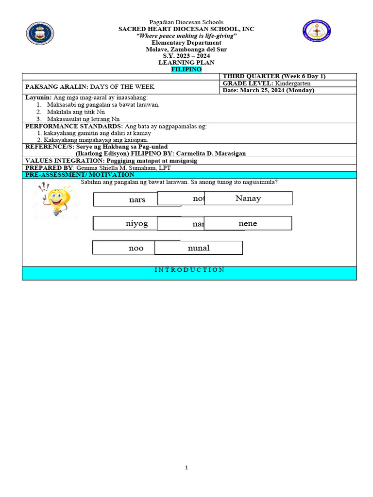 Learing Plan Kinder FILIPINO TUESDAY | PDF