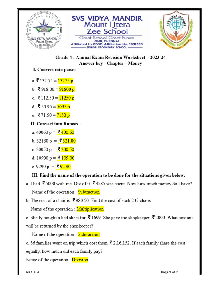 2-Gr4 - Answer Key-Revision Worksheet - Money | PDF | Economies