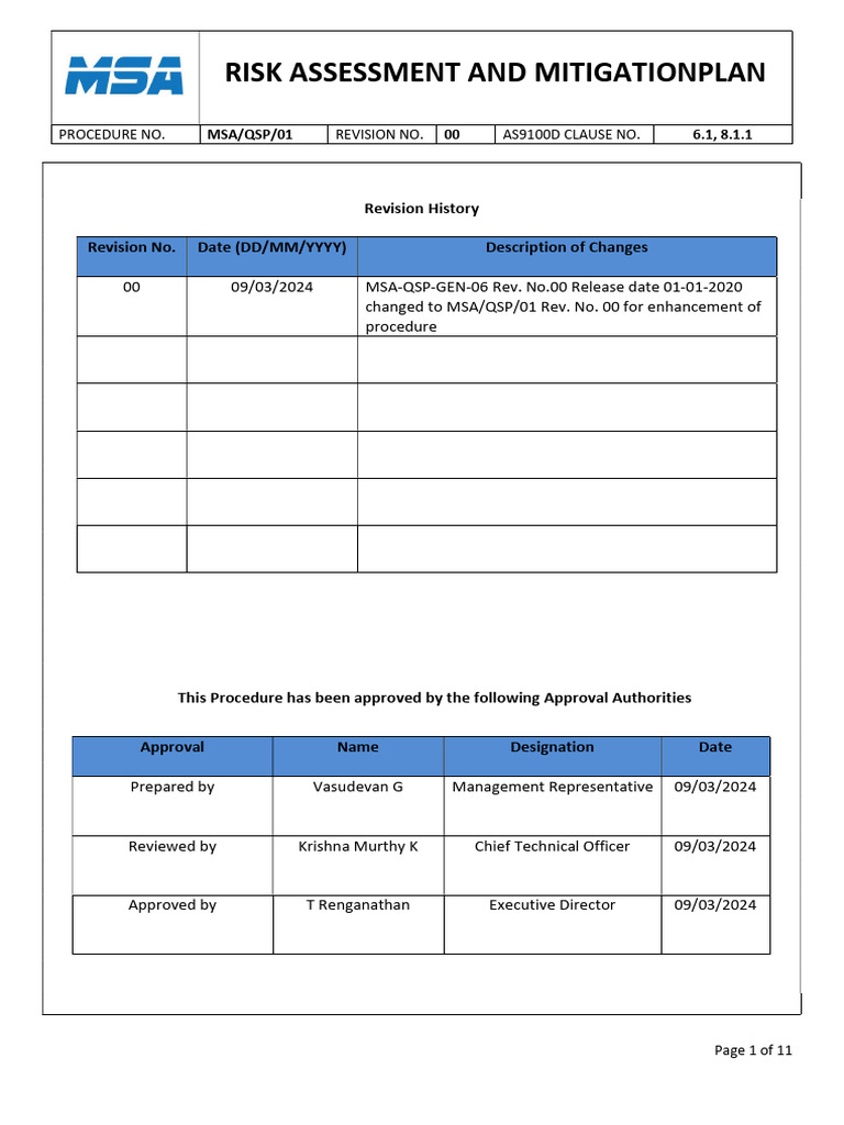 Msa - QSP - 01 - Risk Assessment and Mitigation Plan | Download Free PDF | Risk | Risk Management