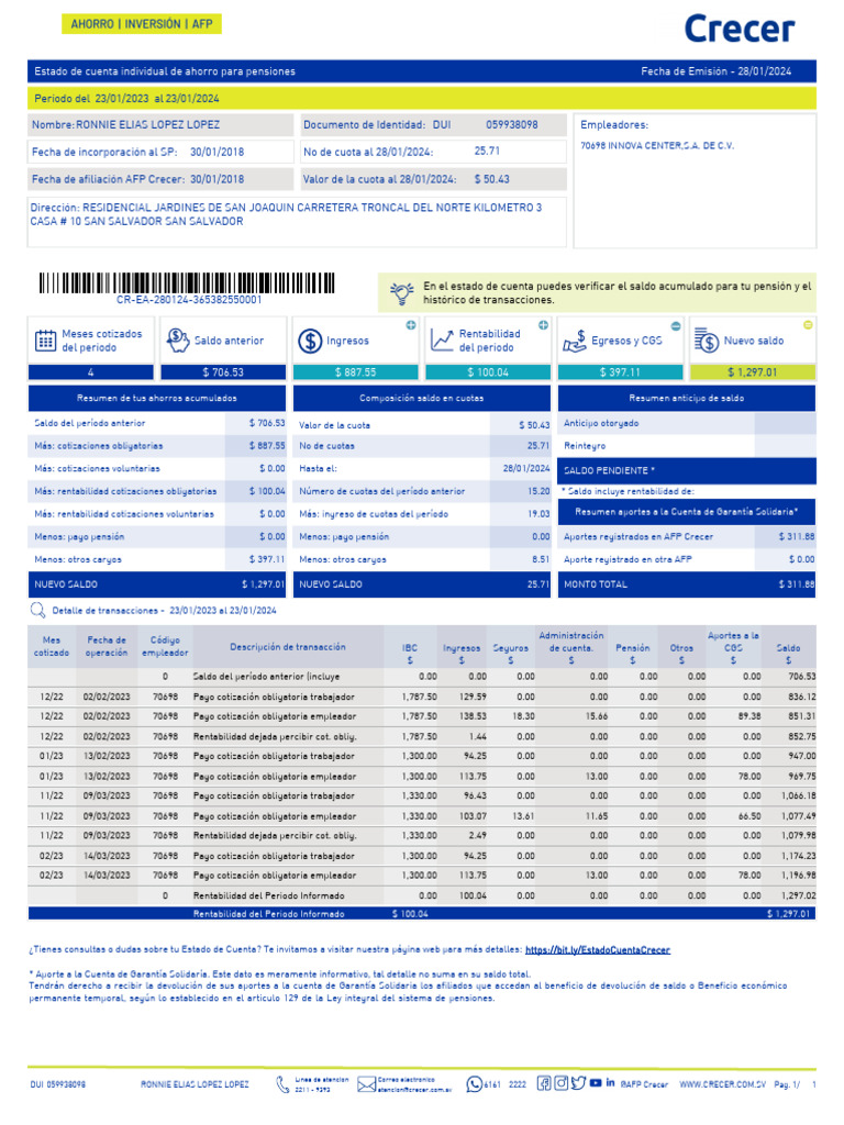 Período Del 23/01/2023 Al 23/01/2024: Estado de Cuenta Individual de Ahorro para Pensiones Fecha ...