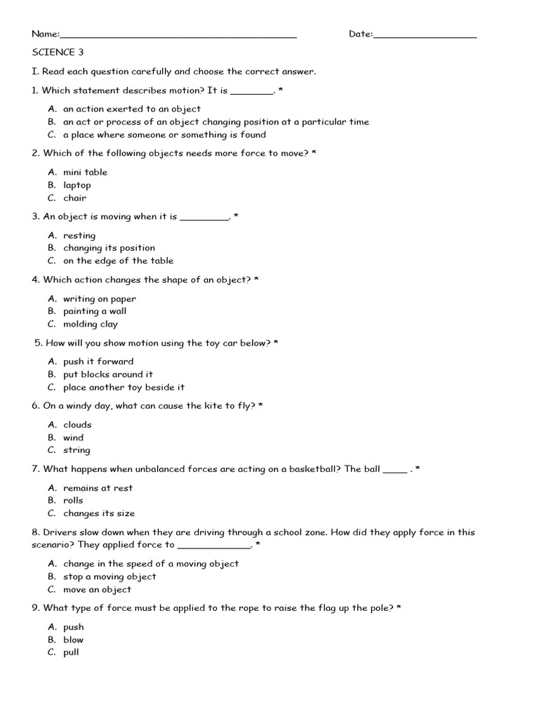 Grade 3 Science Quiz on Forces and Energy | PDF | Force | Light