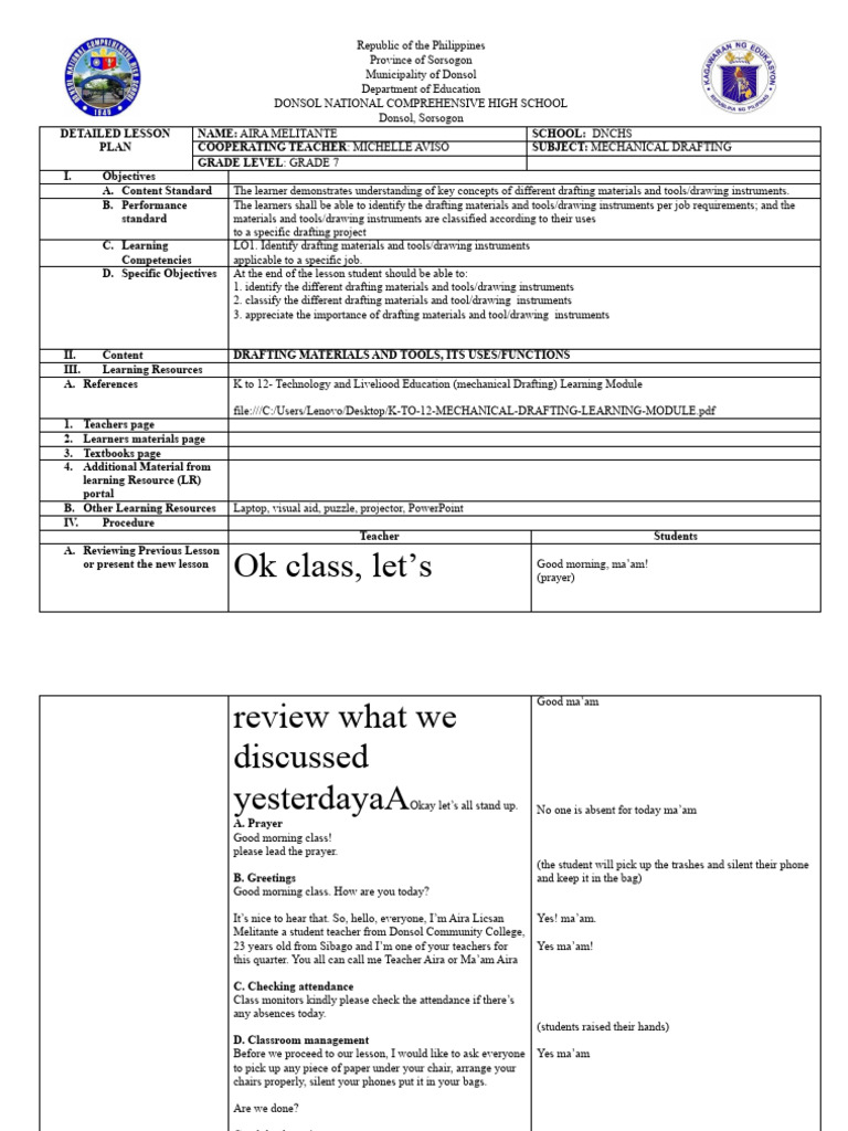 DLP Tle Drafting Grade 7 | PDF | Drawing | Tools