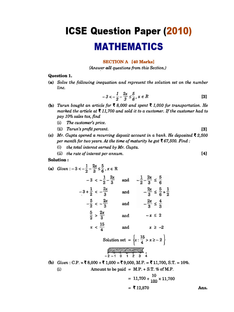 Icse-Question-Paper Solved Maths 2010 | PDF | Deposit Account | Interest
