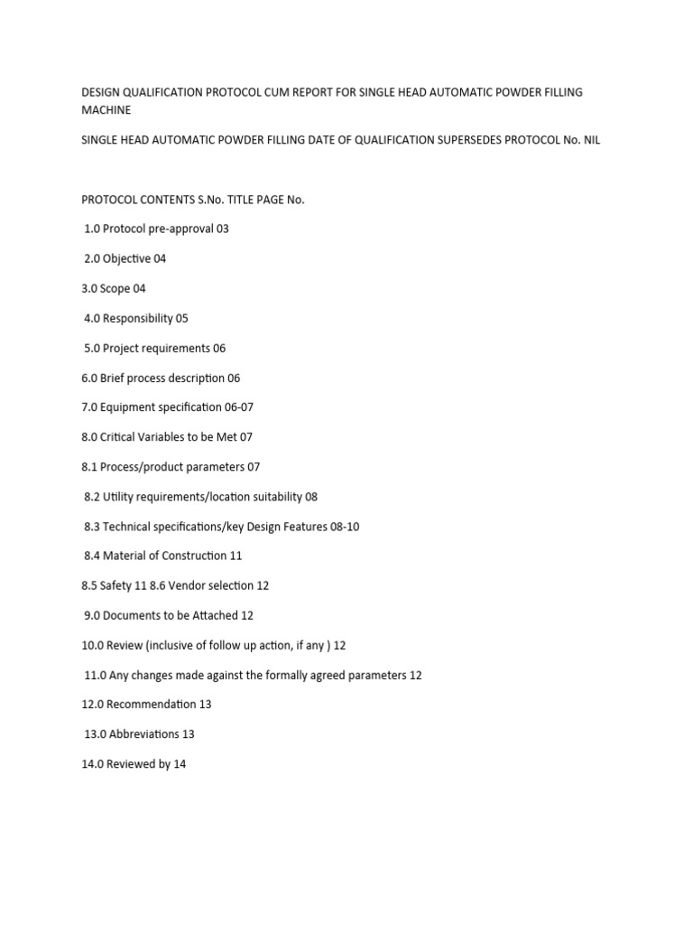Design Qualification Protocol Cum Report For Single Head Automatic ...