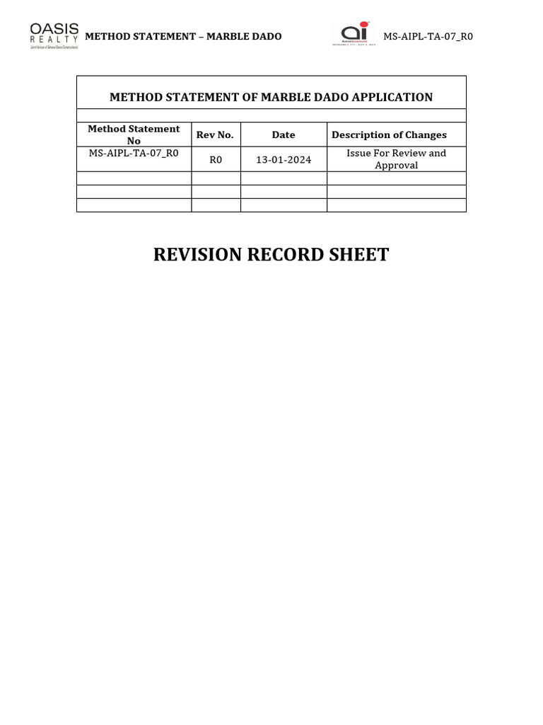 Ms-Aipl-Ta-07 - R0 Method Statement of Marble Dado | PDF | Personal Protective Equipment | Tile