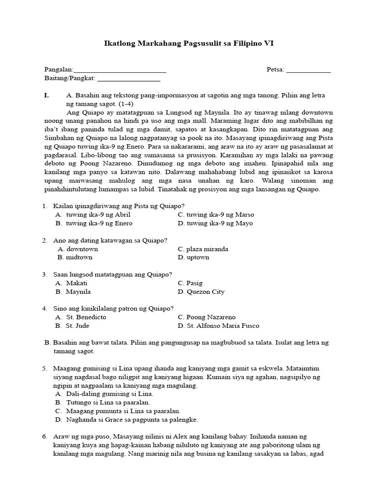 Ikatlong Markahang Pagsusulit Sa Filipino 6-1 | PDF