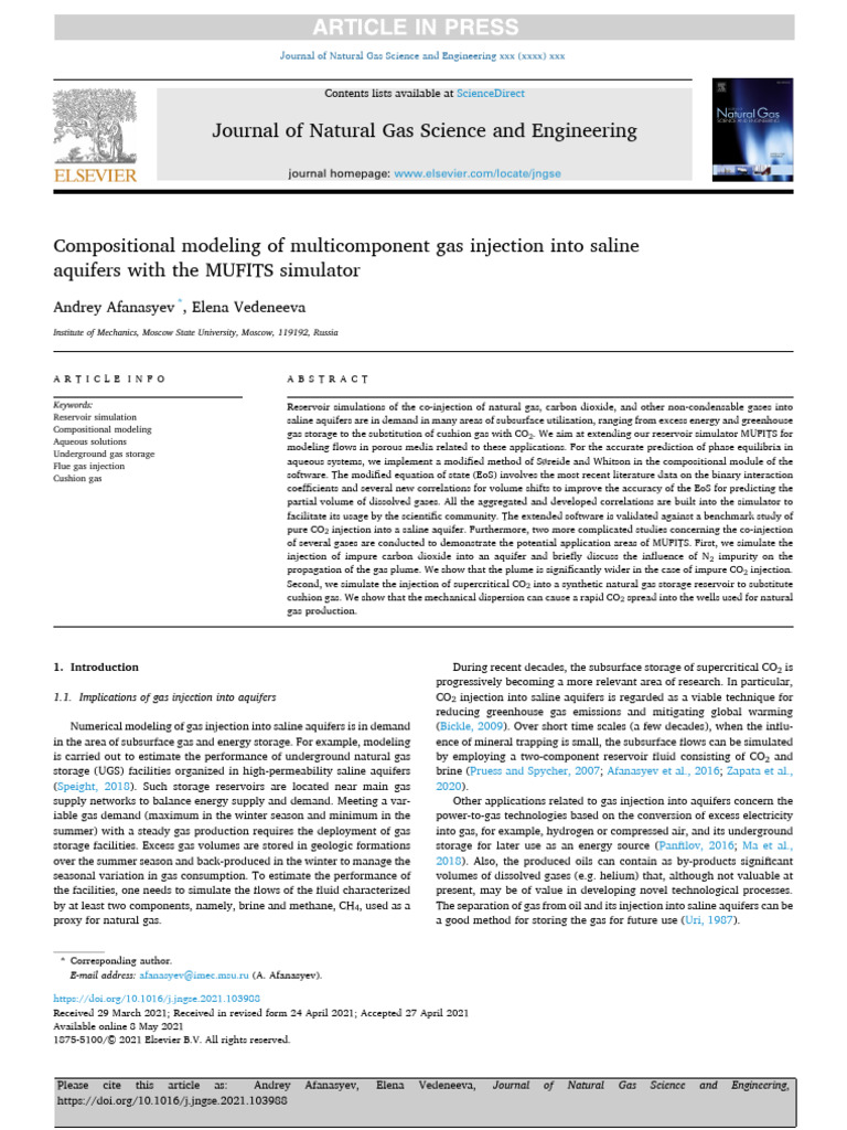 Compositional Modeling of Multicomponent Gas Injection Into Saline Aquifers With The MUFITS ...