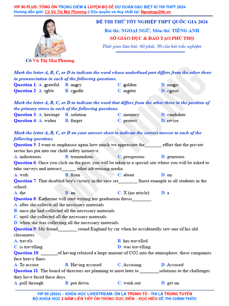 (Cô Vũ Mai Phương) Đề thi thử tốt nghiệp THPT Quốc Gia 2024 - Sở giáo dục và đào tạo Phú Thọ | PDF