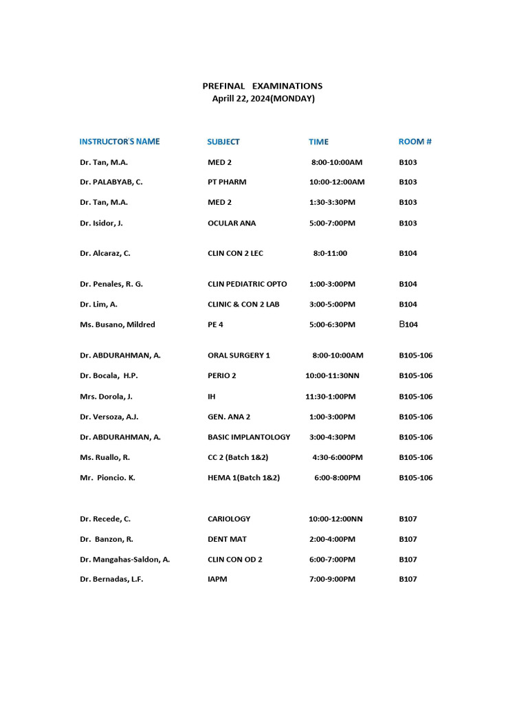 Schedule of Prefinals | PDF