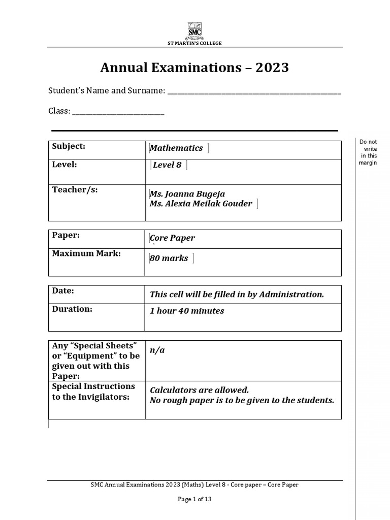 SMC 2023 Maths Level 8 Exam Paper | PDF | Area | Triangle