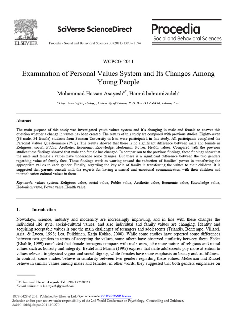 Value System Test (Personal Value Scale) | PDF | Adolescence | Gender ...