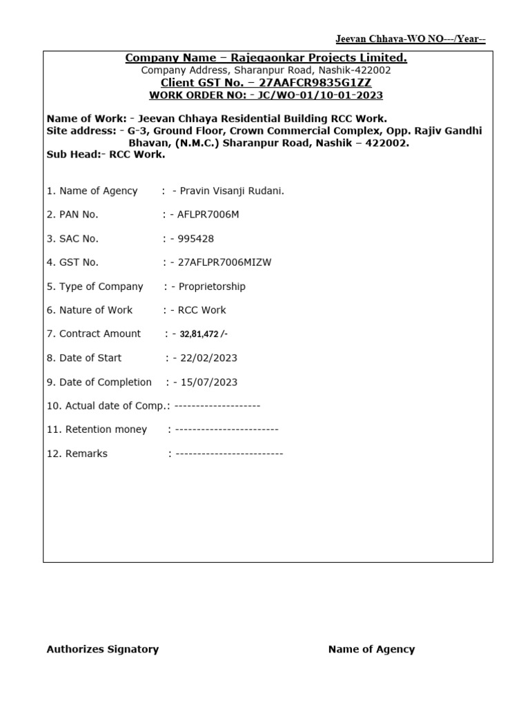 Work Order 04 RCC - Jeevan Chhaya Pravin Rudani | PDF | Employment | Labour Law