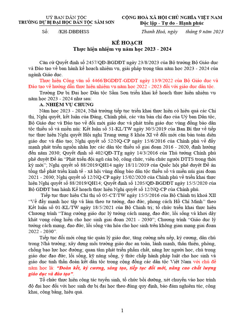 Ke Hoach Nam Hoc 2023 - 2024 | PDF
