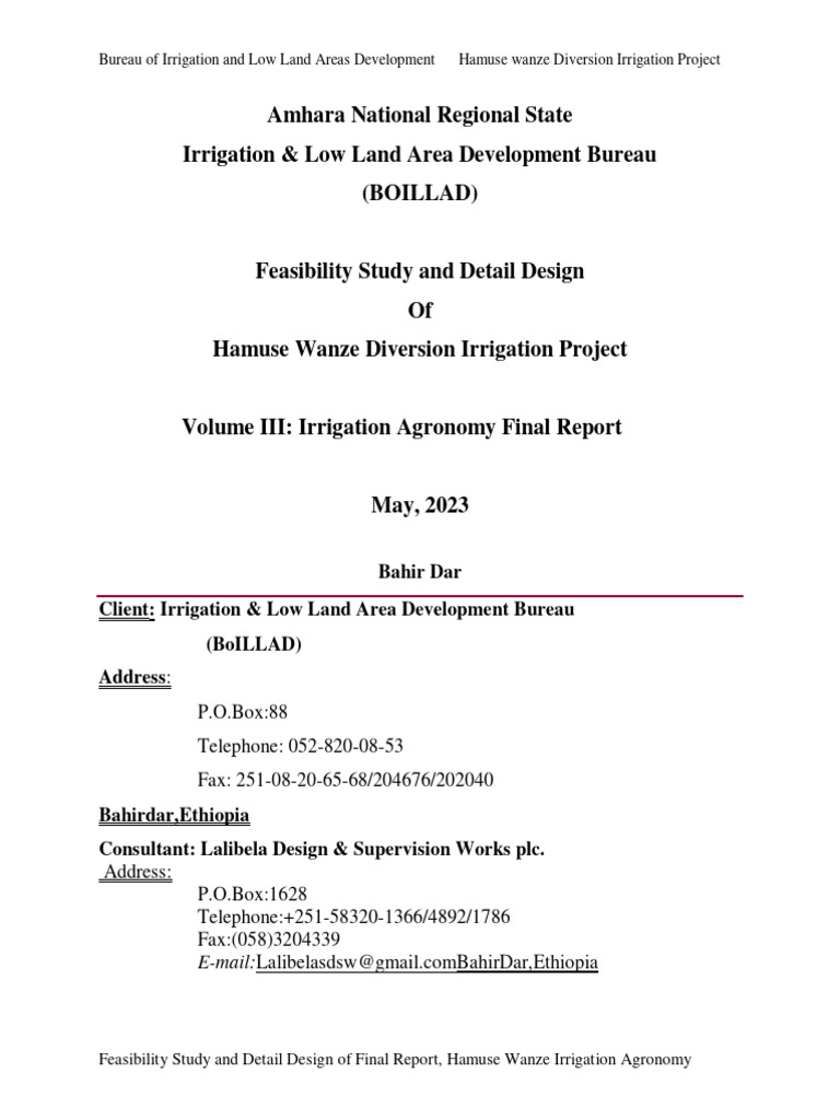 Hamuse Wanze Irrigation Project Report | PDF | Agriculture | Irrigation