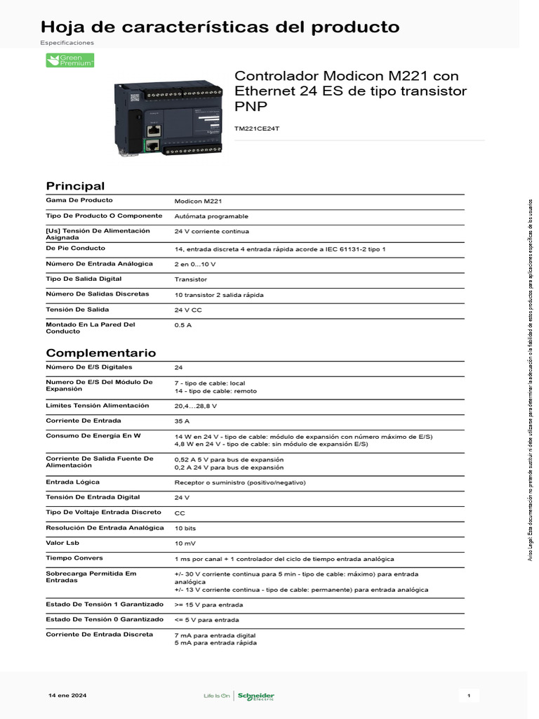 Schneider Electric - Modicon-M221 - TM221CE24T | PDF | Transistor | Controlador lógico programable