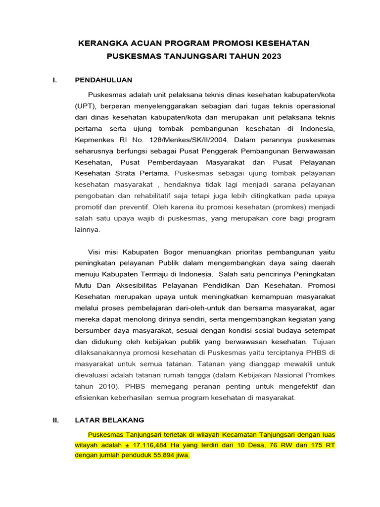 Kerangka Acuan Kegiatan Program Promosi Kesehatan Pia | PDF
