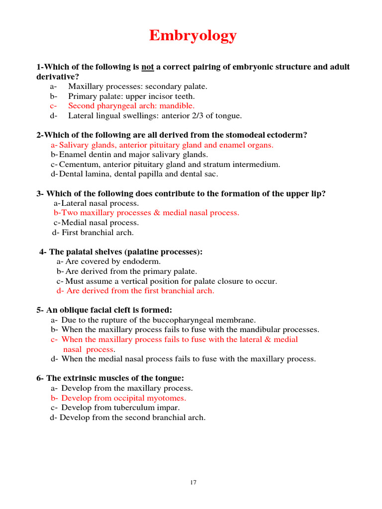 Embryology MCQ | PDF | Tongue | Human Head And Neck