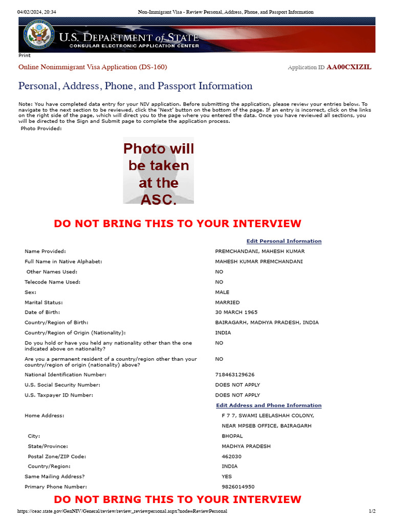 Personal, Address, Phone, and Passport Information: Do Not Bring This To Your Interview | PDF ...