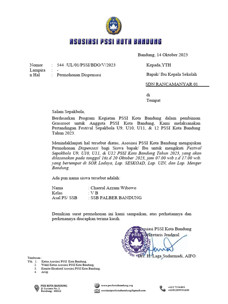 Dispensasi Peserta Festival U9, U10, U11, U12 PSSI Kota Bandung Tahun 2023 | PDF