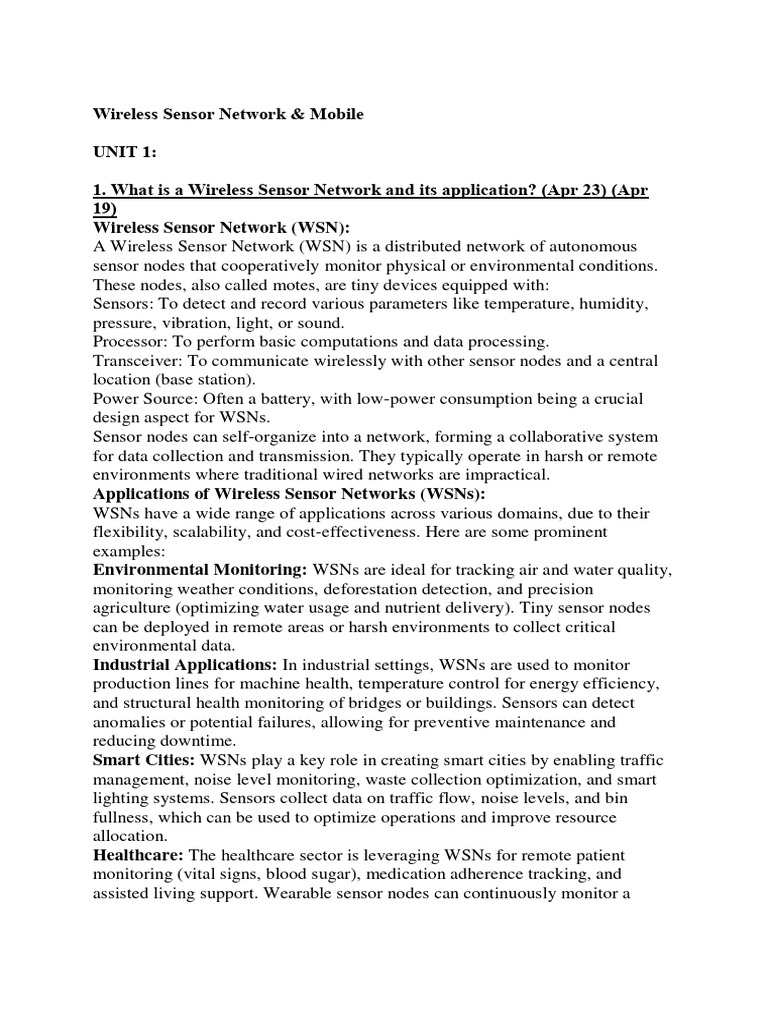 WSN Unit 1 | PDF | Wireless Sensor Network | Wireless Ad Hoc Network