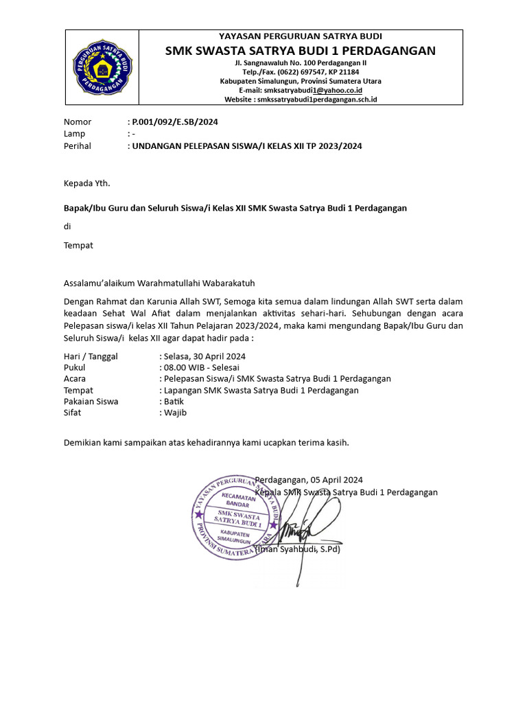 Surat Undangan Pelepasan Siswa Kelas XII | PDF Surat Undangan Pelepasan Siswa Kelas XII | PDF
