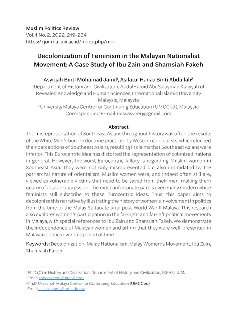Abstract - Decolonization of Feminism in Malayan Nationalist Movement ...