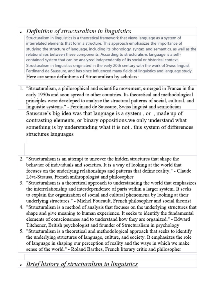 Definition of Structuralism in Linguistics | PDF | Semiotics | Linguistics Definition of Structuralism in Linguistics | PDF | Semiotics | Linguistics