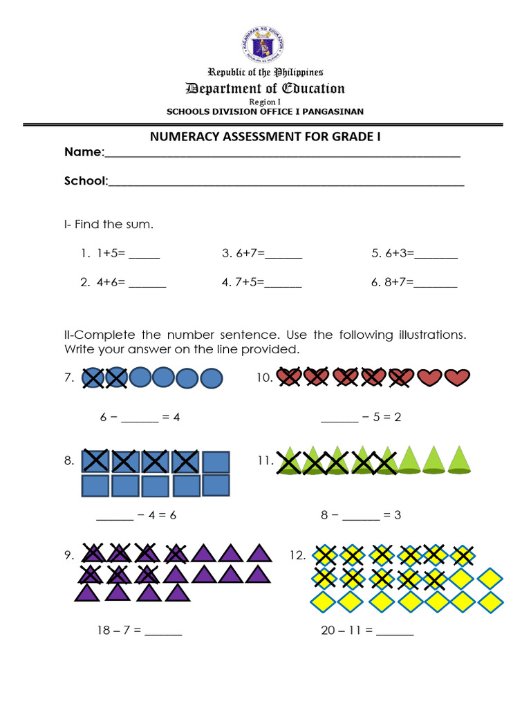 Grade 1 Numeracy Post test | PDF