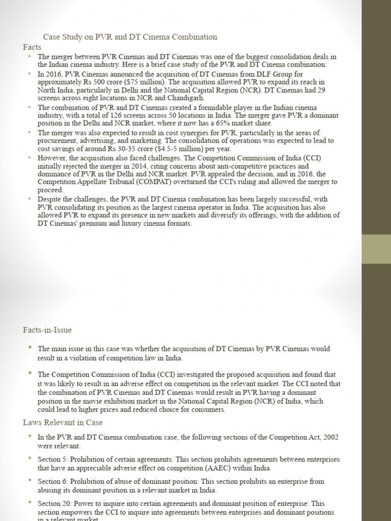 Case Study of PVR and DT Cinema Combination | PDF | Mergers And Acquisitions | Business Law