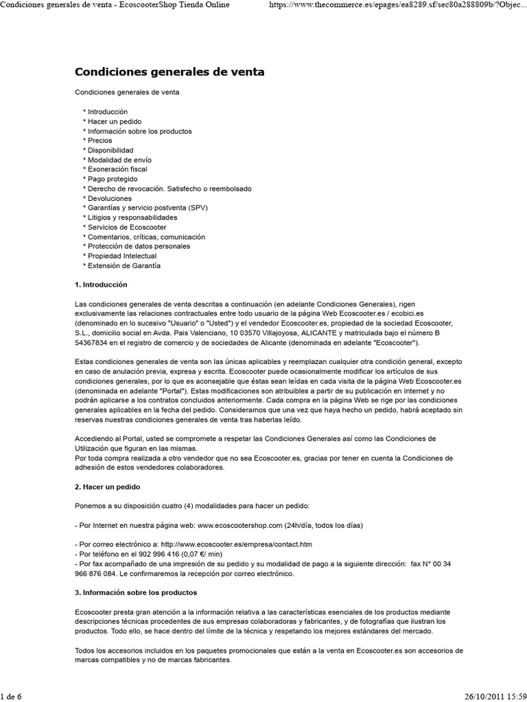 Condiciones Generales de Venta - EcoscooterShop Tienda Online | Descargar gratis PDF | Las ...