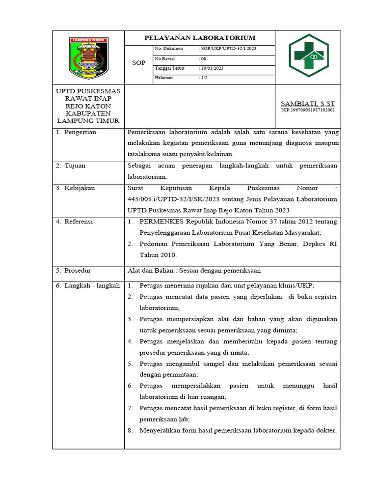 Sop Pemeriksaan Laboratorium | PDF