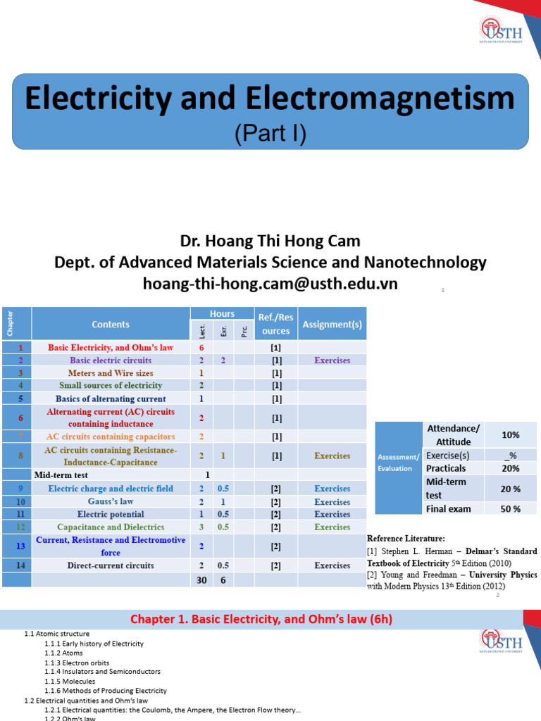 USTH ElectricityAndElectromagnetismI AME HoangThiHongCam Chapter1 2 ...