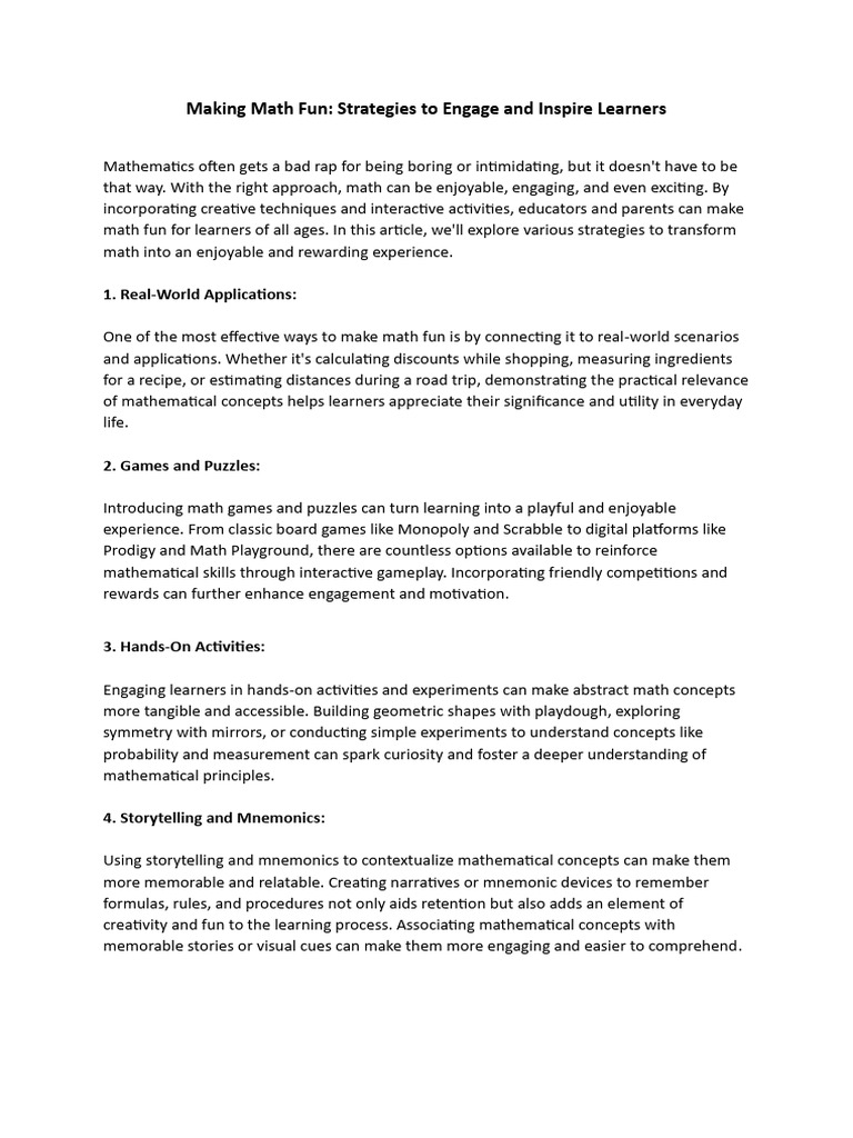 Fun Math Strategies for Engaging Learners | PDF | Learning | Mathematics