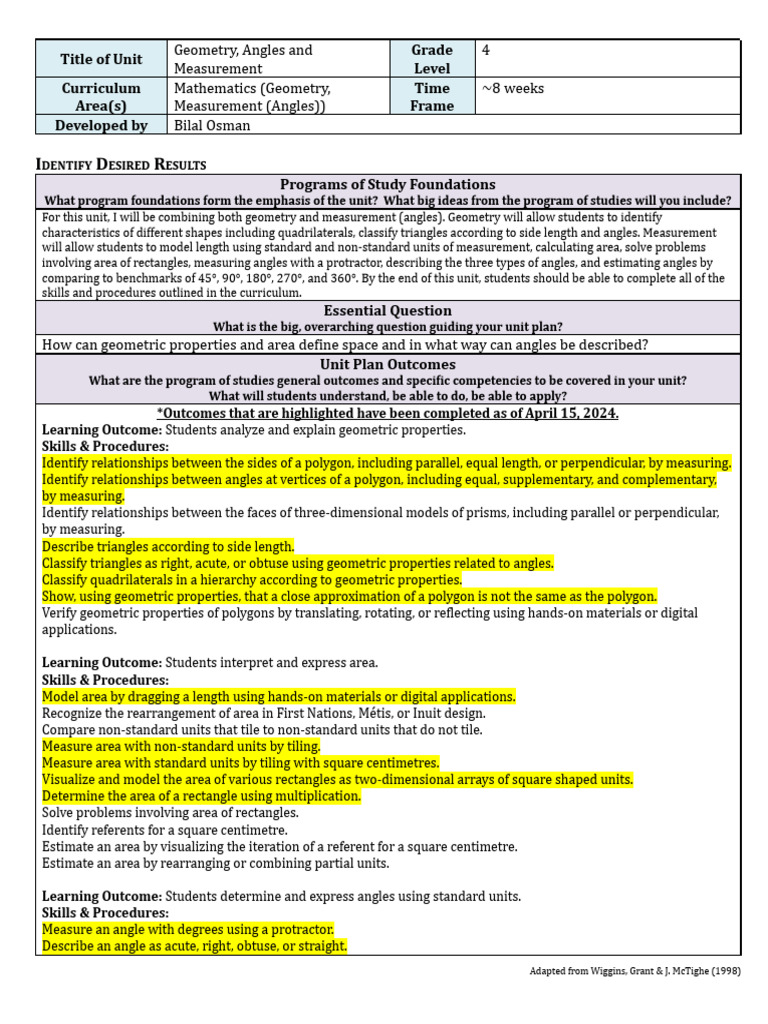 Unit Plan Geometry Measurement Angles | PDF | Area | Rectangle