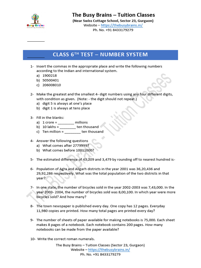 Class 6th - Chapter 1 - Number System - Maths Practice Paper PDF | PDF ...