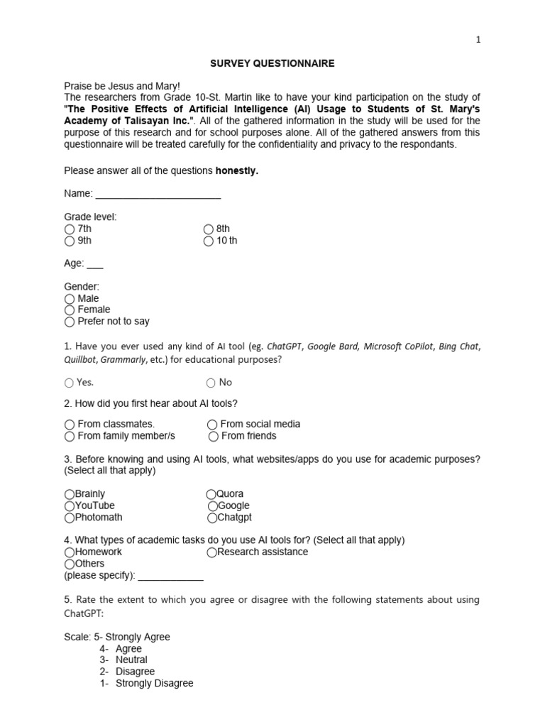 Survey Questionnaire | PDF | Artificial Intelligence | Intelligence (AI ...