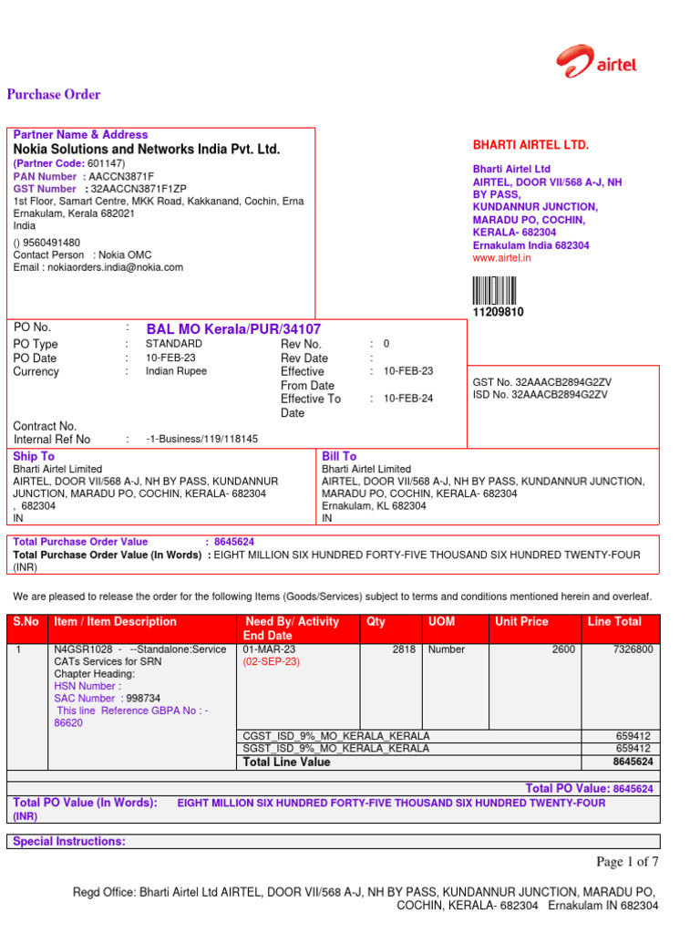 BAL MO Kerala/PUR/34107: Purchase Order | PDF | Invoice | Indemnity