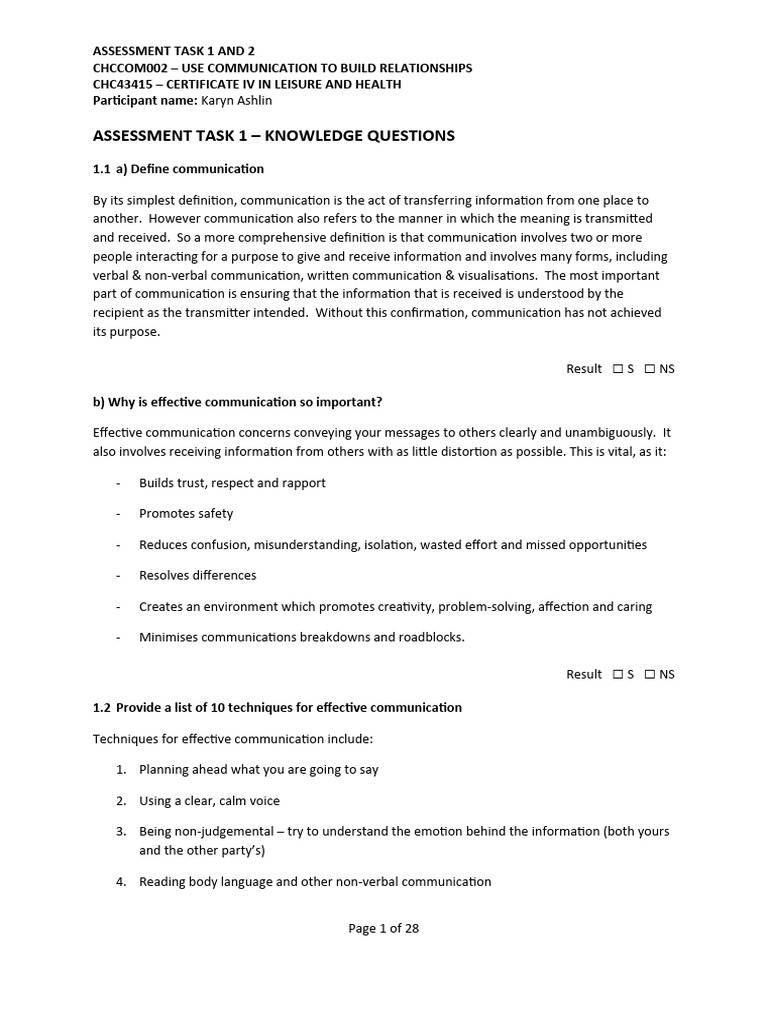 CHCCOM002 - COMMUNICATION - ASSESSMENT TASK 1 & 2 - Answers | PDF | Communication | Conflict ...