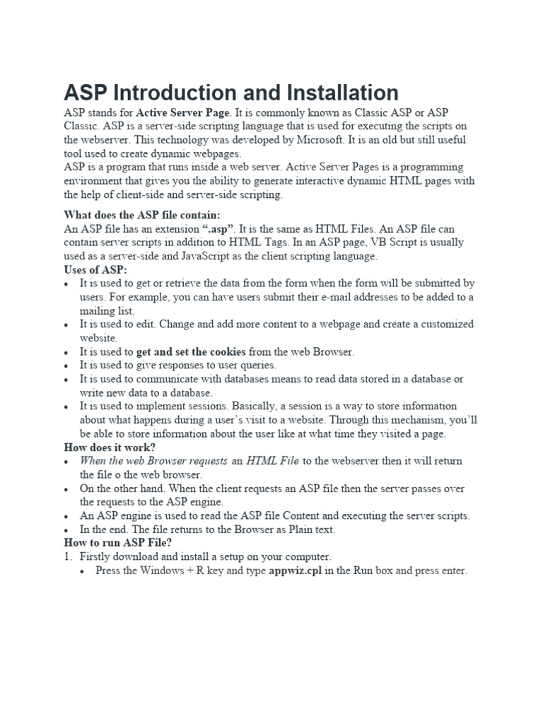 Asp Introduction And Installation What Does The Asp File Contain Pdf Dynamic Web Page