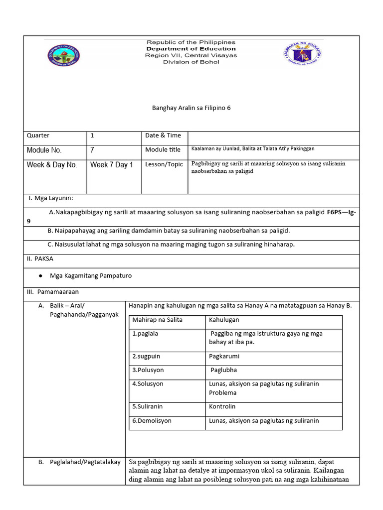 Daily Lesson Guide in Filipino 6 Week7 Day1 | PDF