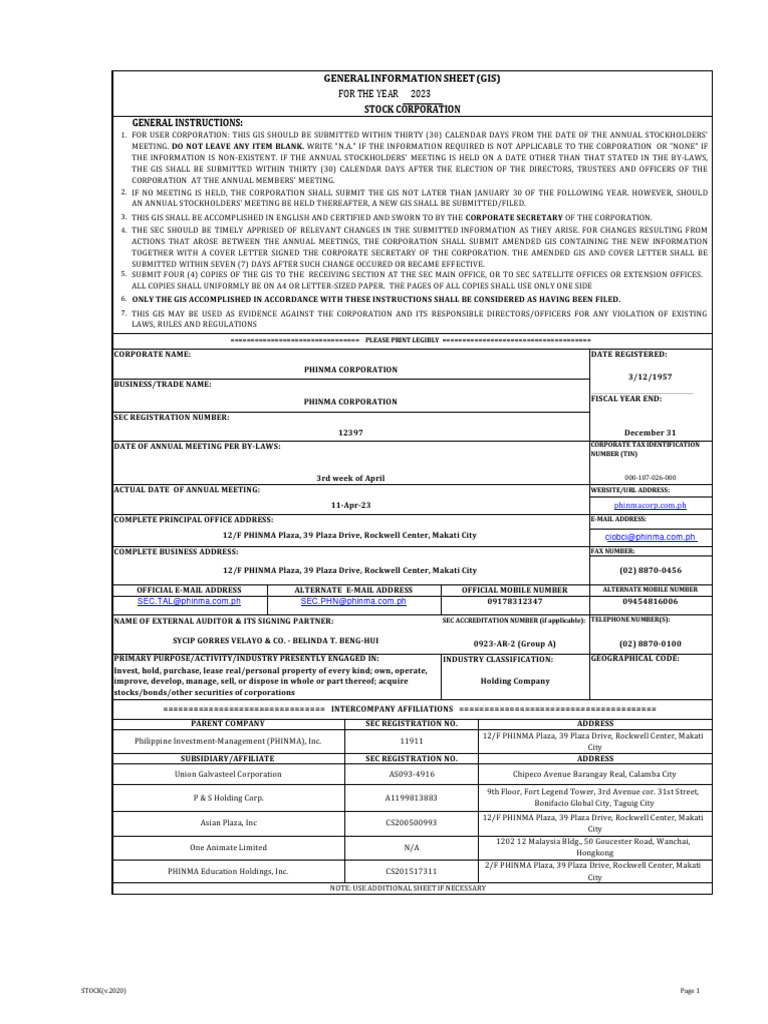 Disclosure No. 1926 2023 General Information Sheet For The Year 2023 ...